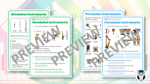 Music Instrument Families - Handouts & 11 Worksheets | Teaching Resources