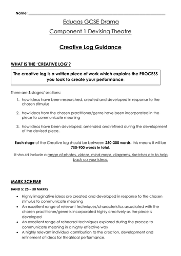 Eduqas GCSE Drama Component 1 Creative Log Booklet | Teaching Resources