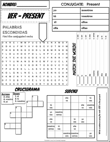 Spanish Verb VER Worksheet - Present Tense - 6 Activities - One Page ...
