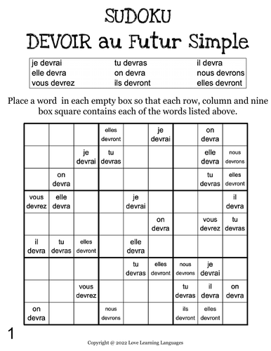 French Verb DEVOIR Futur Simple Sudoku - Le Verbe DEVOIR au futur ...