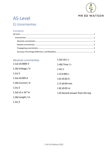 Isaac Physics Answers - AS Uncertainties E | Teaching Resources