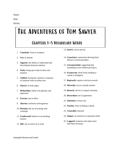 The Adventures of Tom Sawyer Vocabulary Quizzes - Whole Novel ...