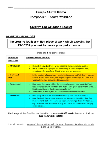 Eduqas A Level Drama Component 1 Creative Log Booklet | Teaching Resources