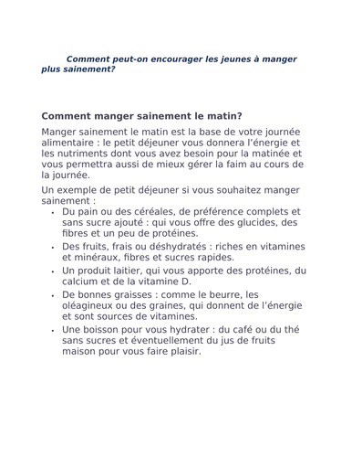 A LEVEL FRENCH - revision sheet on MANGER SAINEMENT - example ...