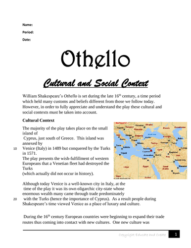 Othello Cultural and Social Context | Teaching Resources