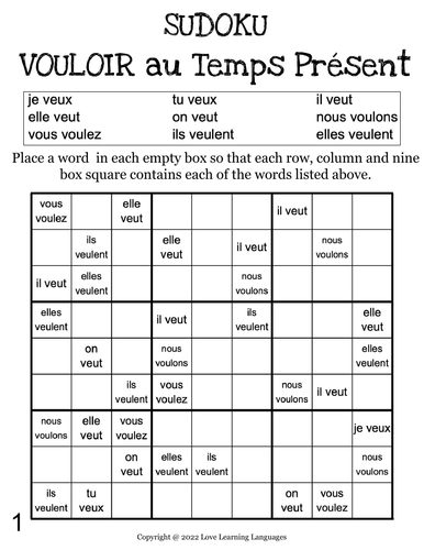 French Verb VOULOIR Present Tense Sudoku - Le Verbe VOULOIR au temps ...