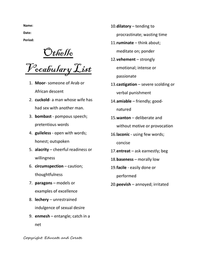 Othello Vocabulary Quiz | Teaching Resources