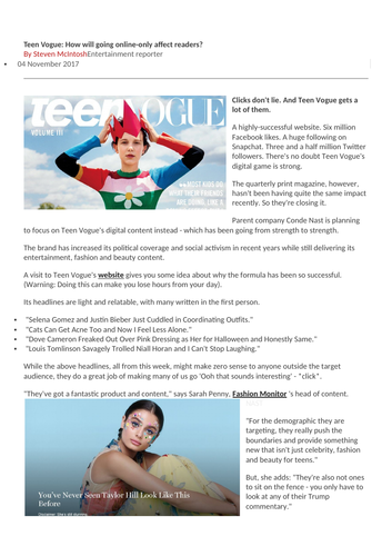 A level AQA Media Studies SOW Teen Vogue Online | Teaching Resources