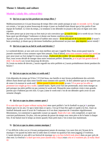 French MOD 2 daily life, cultural life Conversation MODEL PARAGRAPHS ...