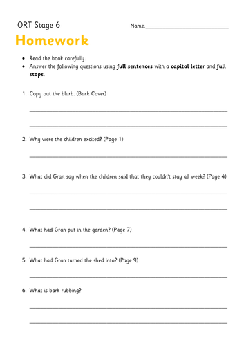 ORT Stage 6 Reading Comprehension Homework | Teaching Resources