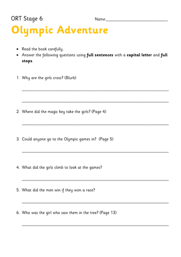 ORT Stage 6 Reading Comprehension Olympic Adventure | Teaching Resources