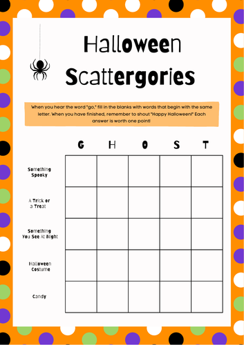 Halloween Scattergories Fun Game Activity / Worksheet | Teaching Resources