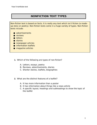Ks3 worksheet - Non-fiction text types | Teaching Resources
