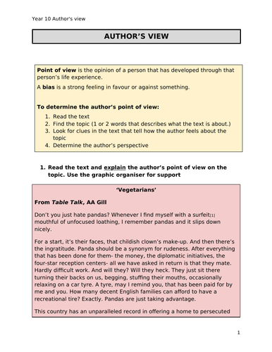 Ks4 English worksheet- Author's point of view | Teaching Resources