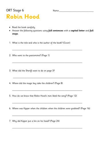ORT Stage 6 Reading Comprehension Robin Hood | Teaching Resources