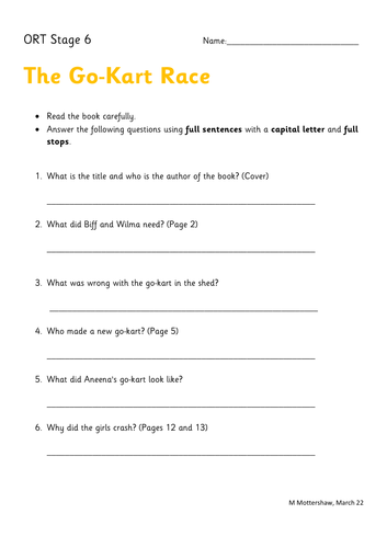 ORT Stage 6 Reading Comprehension The Go-Kart Race | Teaching Resources