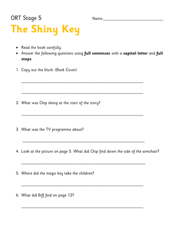 ORT Stage 6 Reading Comprehension The Shiny Key | Teaching Resources