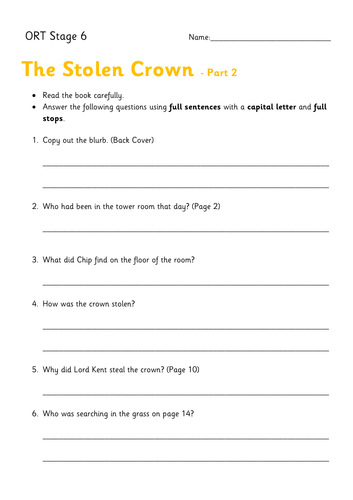 ORT Stage 6 Reading Comprehension The Stolen Crown part 2 | Teaching ...
