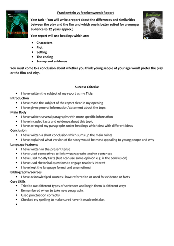 Report writing - Frankenstein vs Frankenweenie | Teaching Resources