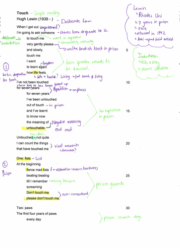'Touch' by Hugh Lewin Annotated Copy | Teaching Resources
