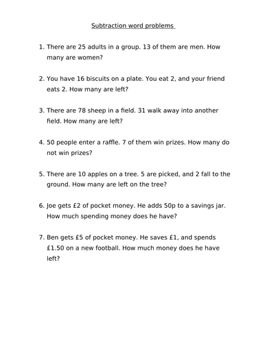 Subtraction word problems | Teaching Resources