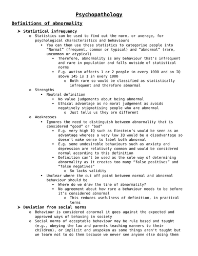 AQA psychology a level psychopathology notes | Teaching Resources