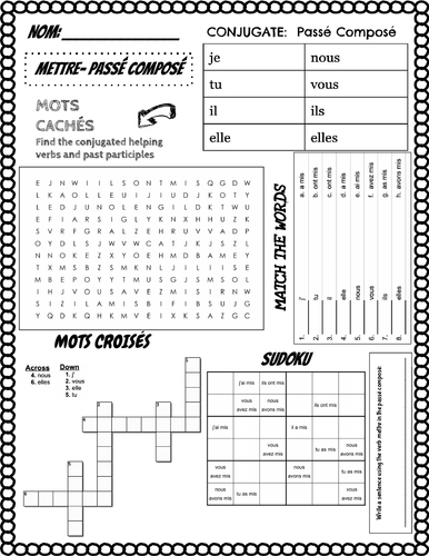 French Verb METTRE Worksheet Passé Composé - 6 Activities - One Page ...