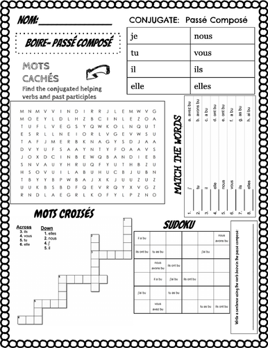 French Verb BOIRE Worksheet Passé Composé - 6 Activities - One Page ...