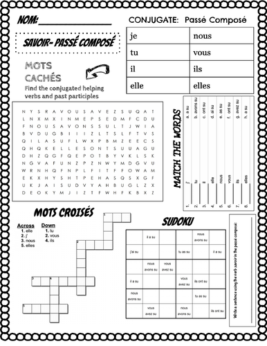 French Verb SAVOIR Worksheet Passé Composé - 6 Activities - One Page ...