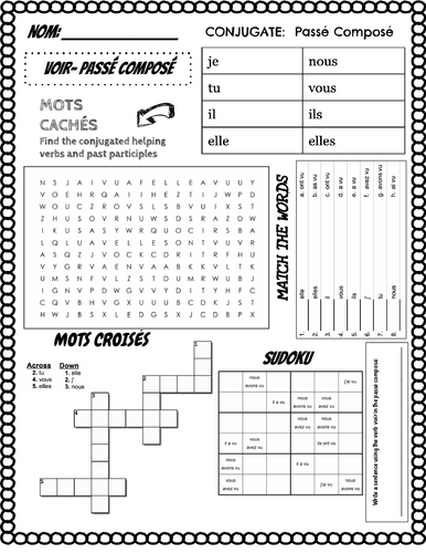French Verb VOIR Worksheet Passé Composé - 6 Activities - One Page ...