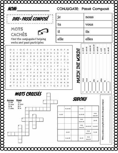 French Verb DIRE Worksheet Passé Composé - 6 Activities - One Page ...