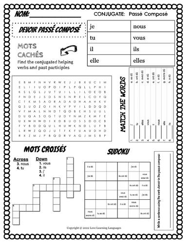 French Verb Devoir Worksheet Passé Composé - 6 Activities - One Page ...