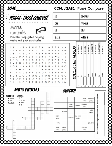 French Verb Perdre Worksheet Passé Composé - 6 Activities - One Page ...