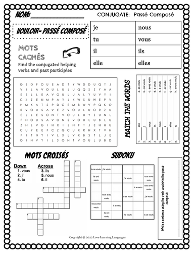 French Verb Vouloir Worksheet Passé Composé - 6 Activities - One Page ...