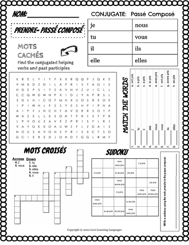 French Verb Prendre Worksheet - Passé Composé - 6 Activities - One Page ...