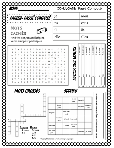 French Verb Parler Worksheet Passé Composé 6 Activities One Page
