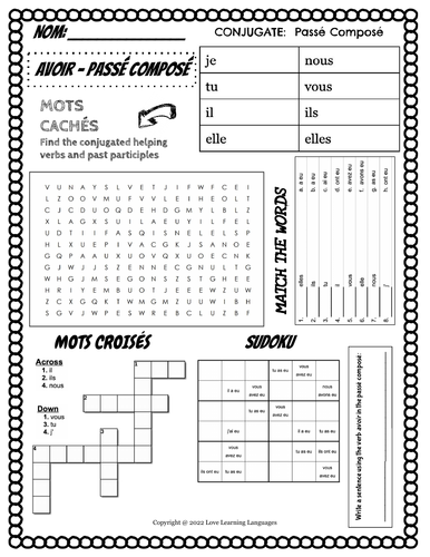 French Verb Avoir Worksheet - Passé Composé - 6 Activities - One Page ...