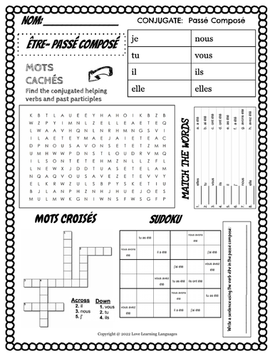 French Verb Être Worksheet - Passé Composé - 6 Activities - One Page ...