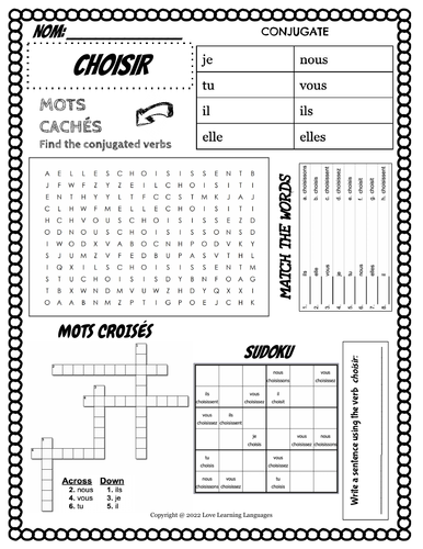 French Verb Choisir Worksheet - 6 Activities - One Page Printable ...