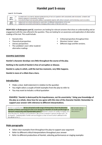 Hamlet OCR Literature part b essays | Teaching Resources