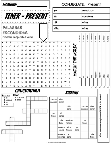 Spanish Verb TENER Worksheet - Present Tense - 6 Activities - One Page ...