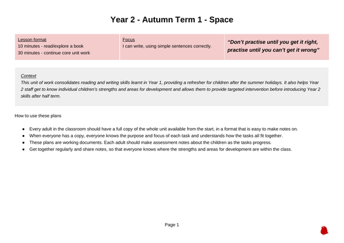 Y2 Writing in Sentences - Aut 1 - Space | Teaching Resources