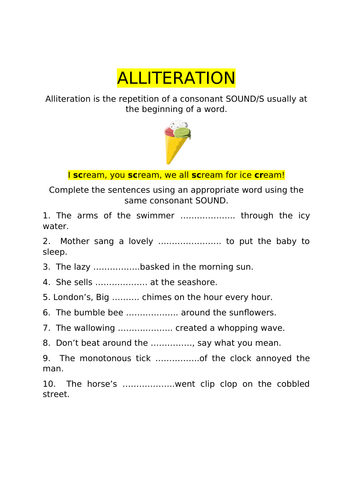 Alliteration - sound devices | Teaching Resources