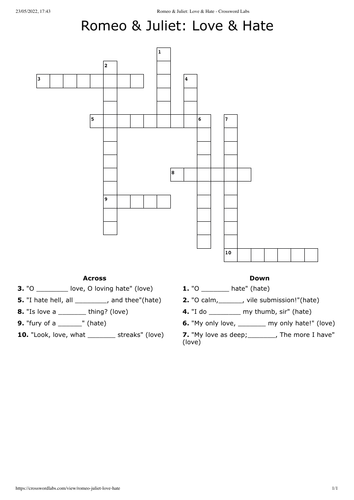 Romeo & Juliet - Quote Revision Crosswords | Teaching Resources