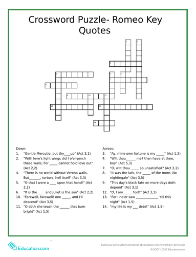 Romeo & Juliet - Quote Revision Crosswords | Teaching Resources