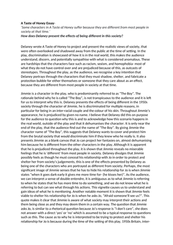 GCSE English Lit - A Taste of Honey Model Essay | Teaching Resources