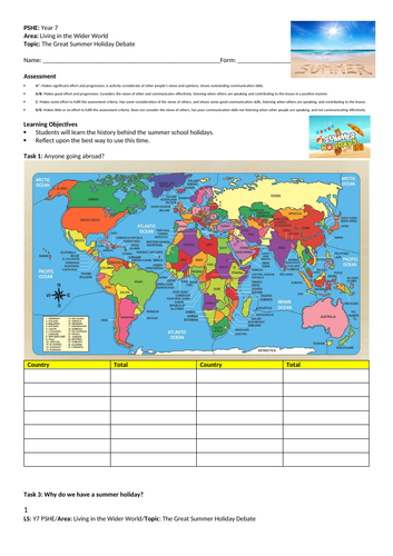 The Great Summer Holiday Debate - PSHE - Year 7 | Teaching Resources