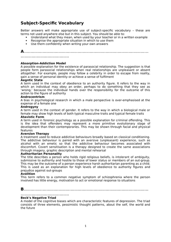 A level Psychology Subject Specific Vocabulary | Teaching Resources