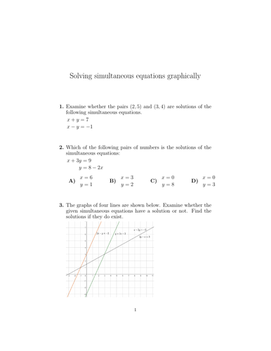 Solving simultaneous equations graphically worksheet (with solutions ...
