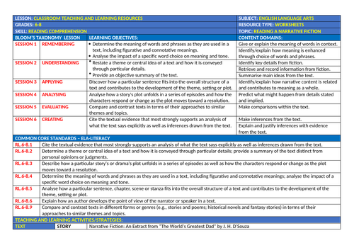 READING NARRATIVE FICTION - SHORT STORY - WORKSHEETS | Teaching Resources